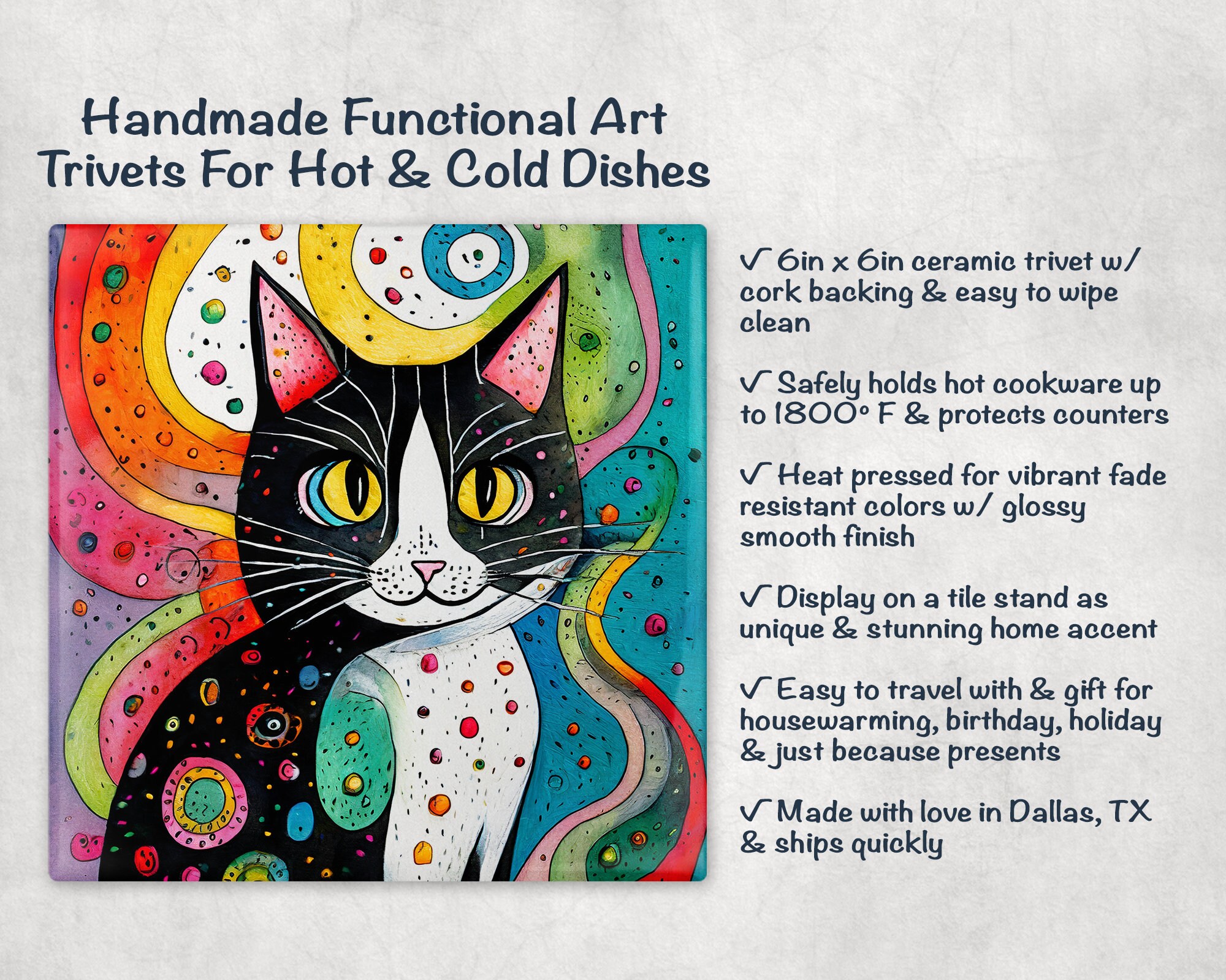 Colorful Tuxedo Cat Trivet. Black and White Cat Trivet. Hot Plate. 6"x6 ...