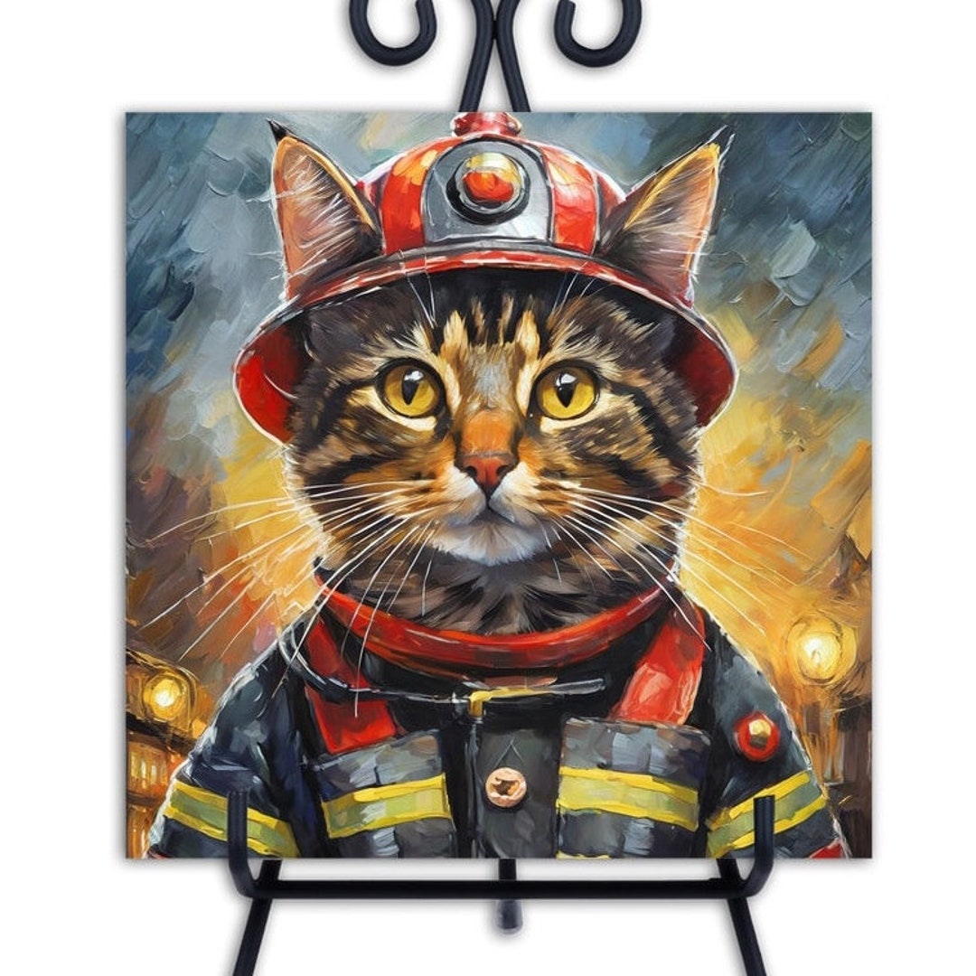 Tabby Cat Fire Fighter. Trivet for Hot Dishes. 6"x6" Hot Plate. Cat ...