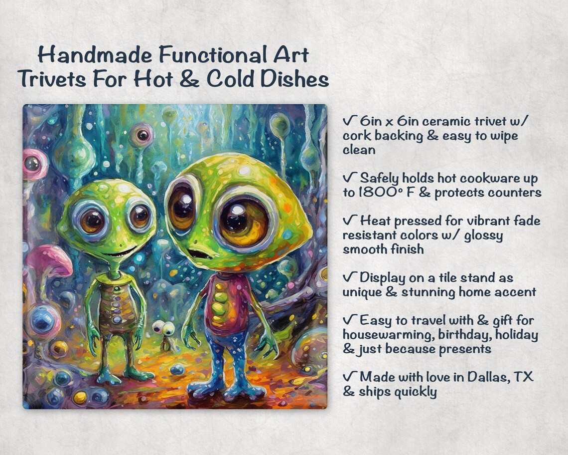 Handmade Alien Ceramic Tile Trivet, 6"x6", Heat Resistant & Decorative ...