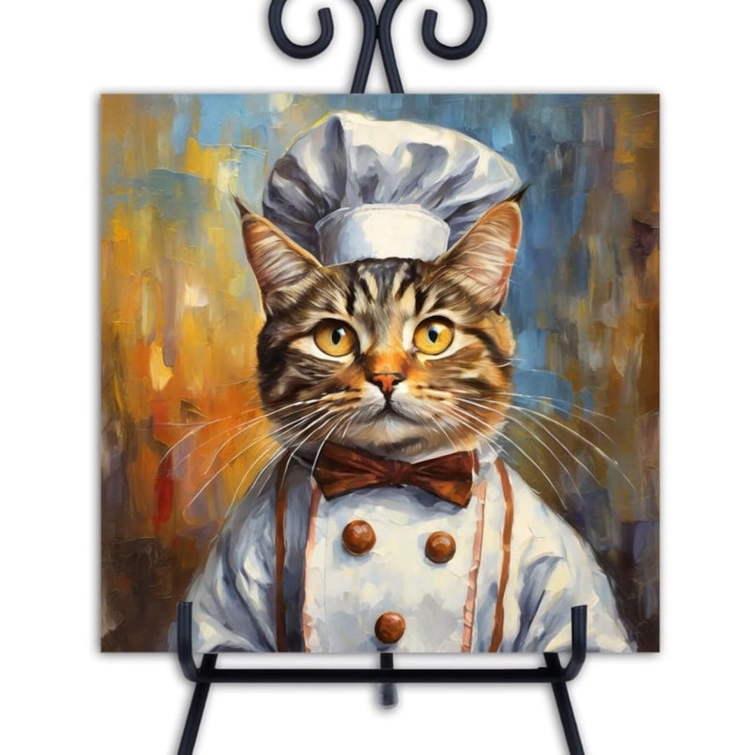 Tabby Cat Chef. Trivet for Hot Dishes. 6"x6" Hot Plate. Cat Decor. Cat ...