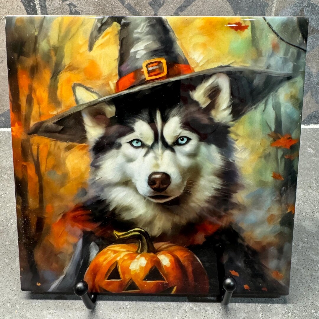 Husky Halloween Witch Trivet for Hot Dishes, Hot Plate Coaster Tile Art ...