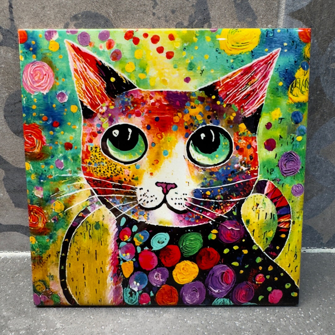 Colorful Cat Trivet. Cat Picture. Hot Plate. 6"x6" Trivet. Cat Coaster ...