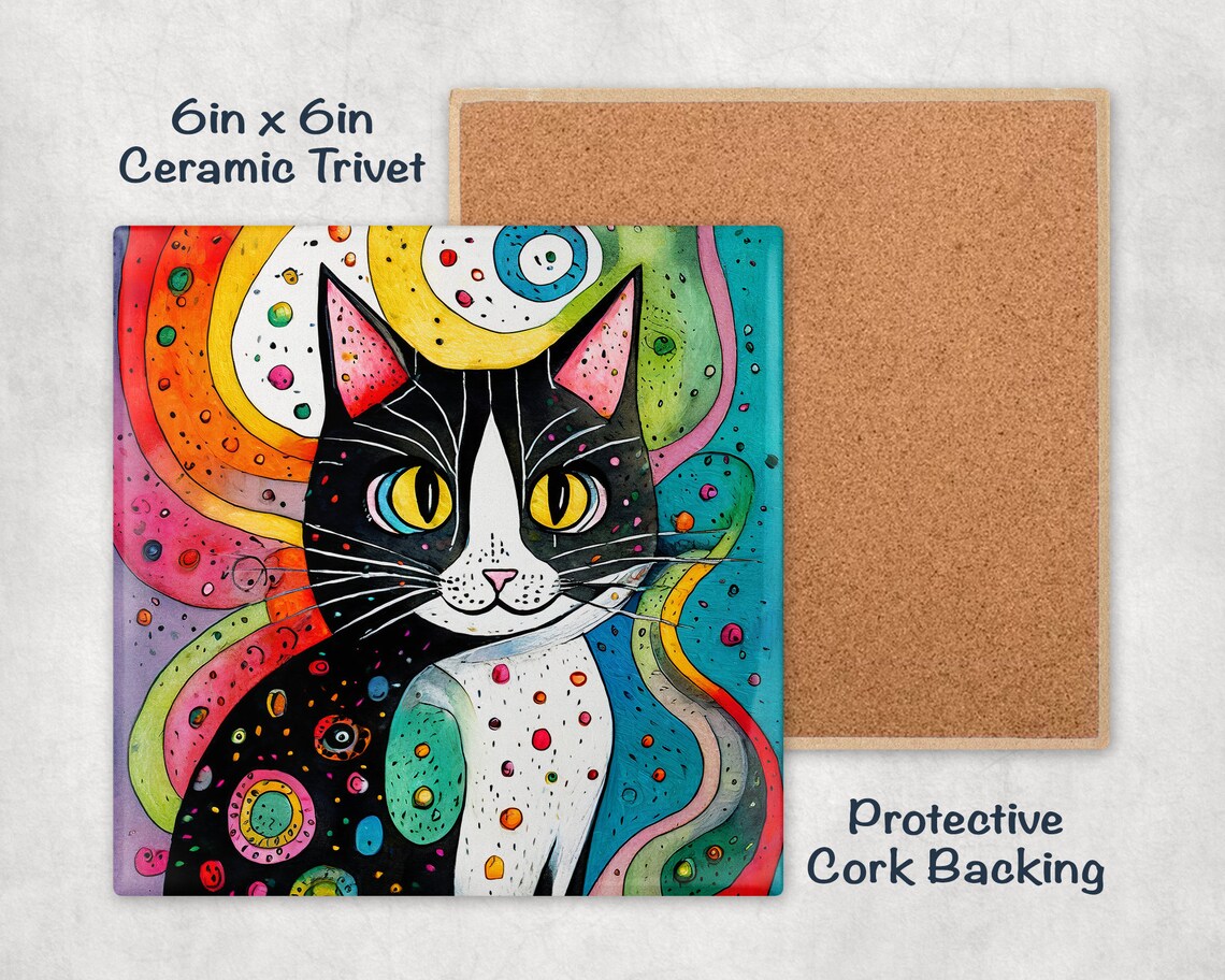Colorful Tuxedo Cat Trivet. Black and White Cat Trivet. Hot Plate. 6"x6 ...