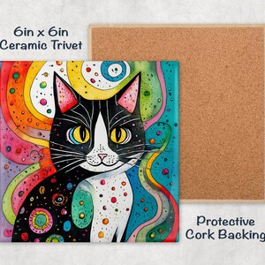 Colorful Tuxedo Cat Trivet. Black and White Cat Trivet. Hot Plate. 6"x6 ...