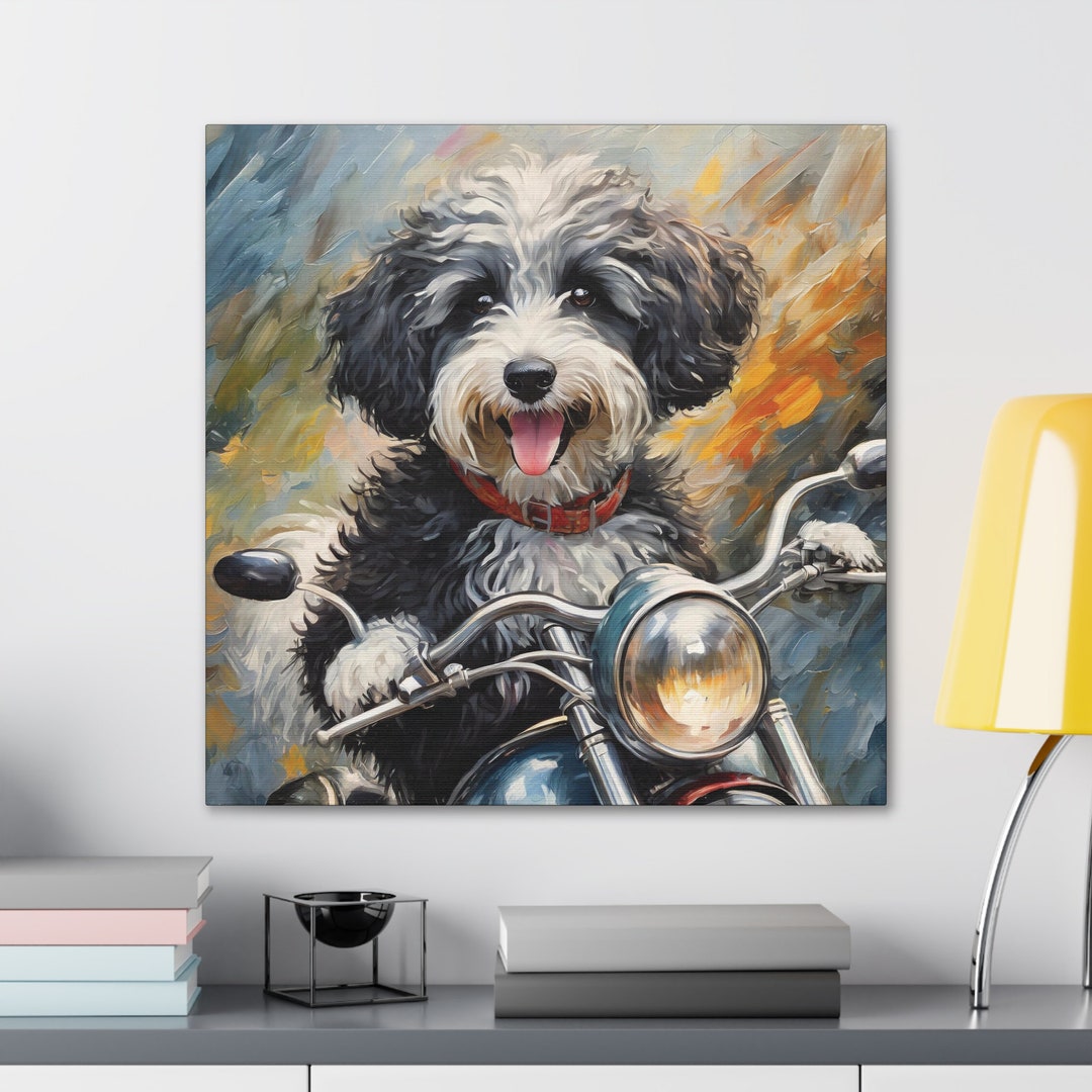 Frameless Canvas Print Wall Art, Motorcycle Sheepadoodle, 30x30, 24x24 ...