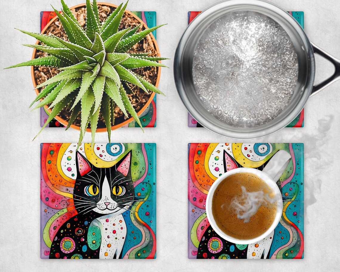 Colorful Tuxedo Cat Trivet. Black and White Cat Trivet. Hot Plate. 6"x6 ...