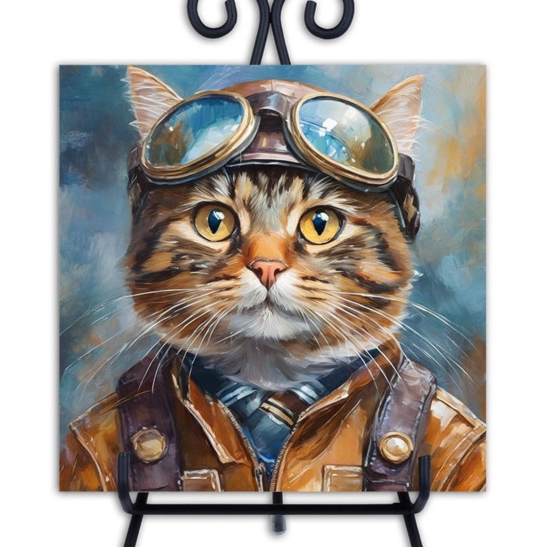 Tabby Cat Pilot. Trivet for Hot Dishes. 6"x6" Hot Plate. Cat Decor. Cat ...