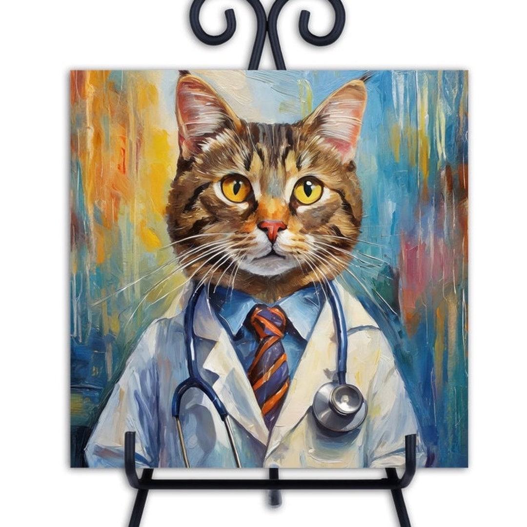 Tabby Cat Doctor, Nurse. Trivet for Hot Dishes. 6"x6" Hot Plate. Cat ...