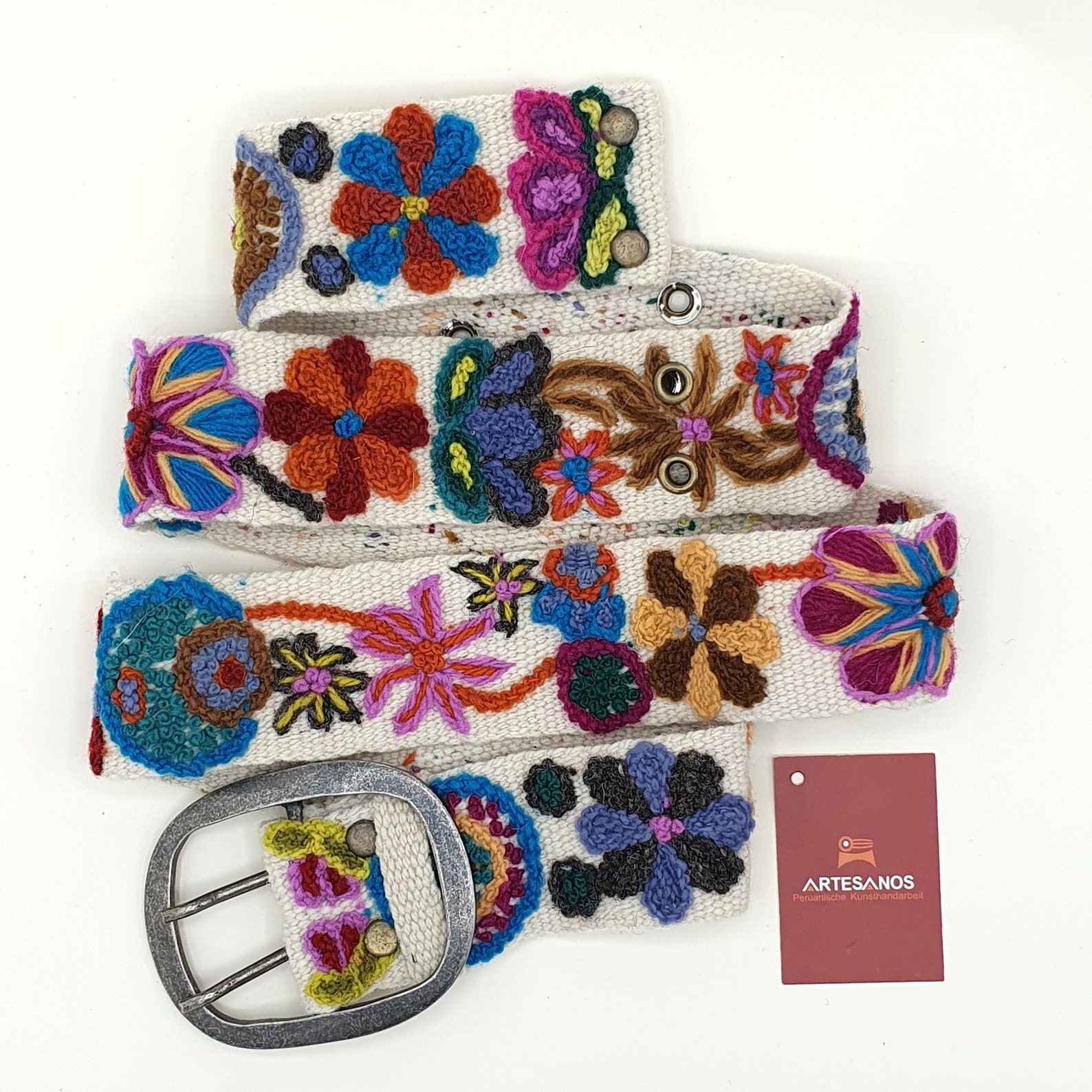 Peruvian Hand Embroidered Boho Belt, Flowers Wool Belt in White, Floral ...