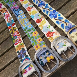 Peruvian Hand Embroidered Boho Belt, Flowers Wool Belt in White, Floral ...