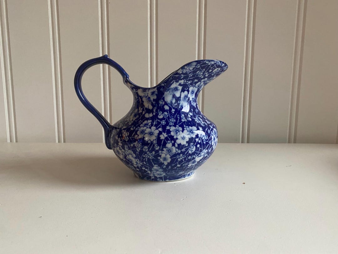 Antique Blue Calico Pitcher Vase Creamer Blue and White Kitchenalia ...