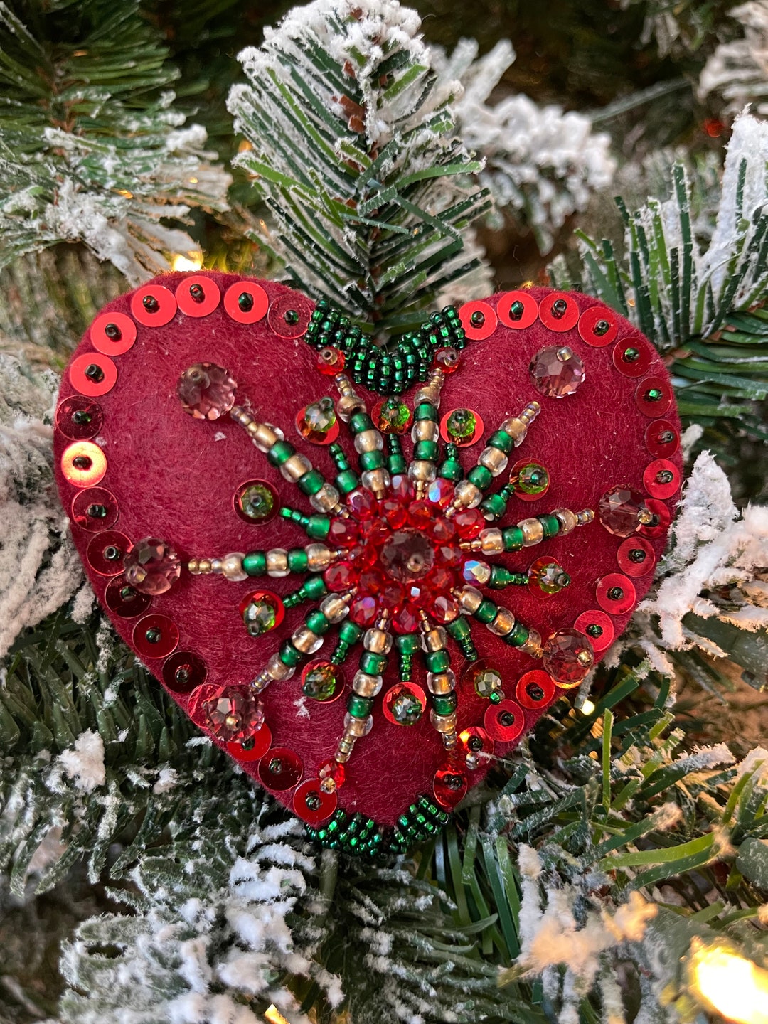 Red Heart Christmas Tree Ornament; ~ Classic Red, Gold and Green ...