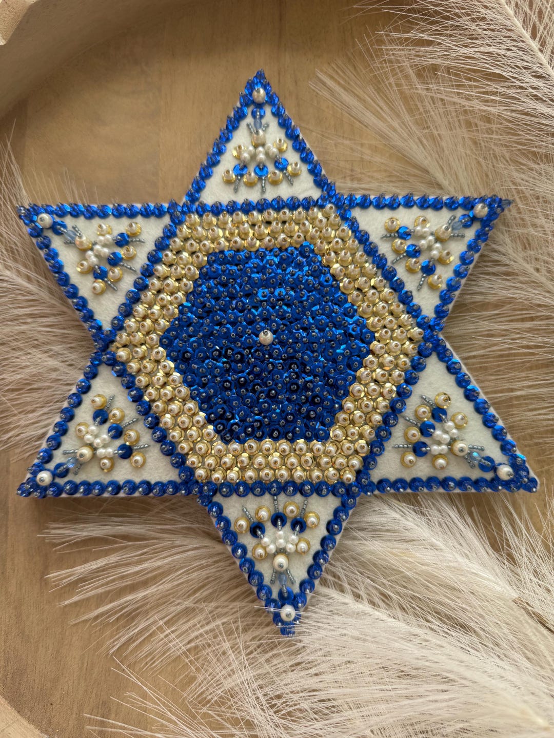 Star of David Beaded Tree Topper; Star of David Wool Felt Ornament; Star of David Blue and Gold ...