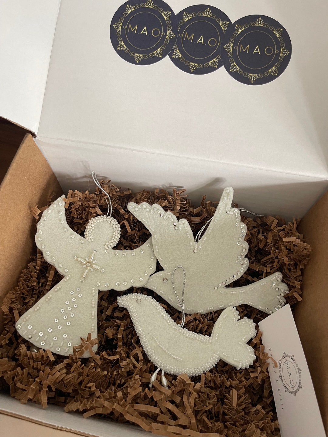 Set of 3 Ornaments; ~ Archangel Micah + Dove of Peace Ornament + White ...