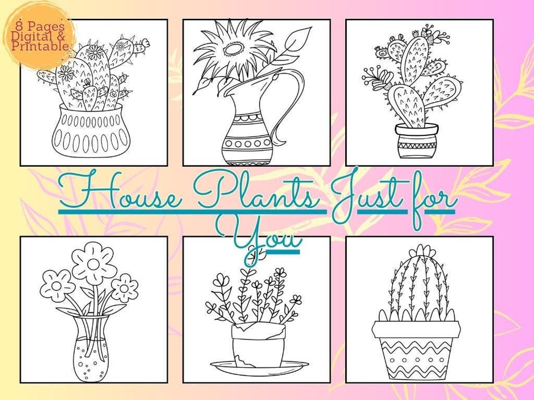 8 Simple House Plant Colouring Pages, Digital and Printable for Adults ...