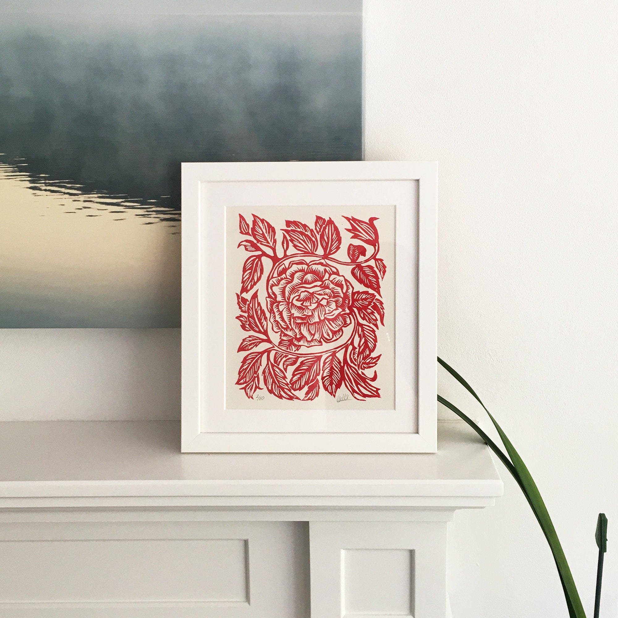 RED ROSE linocut Wall Art Botanical Roses Art Print Housewarming Gift ...