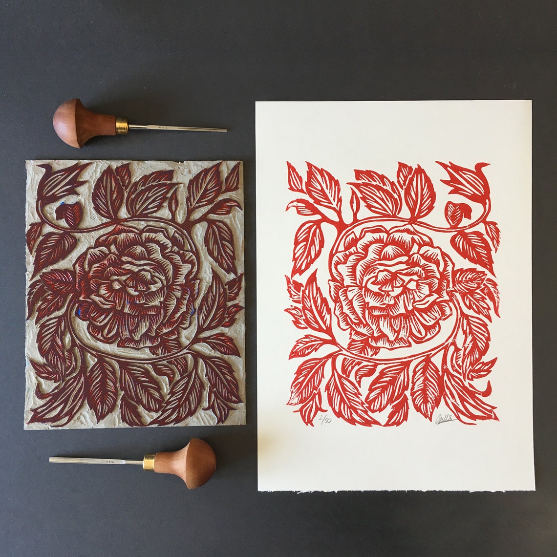 RED ROSE linocut Wall Art Botanical Roses Art Print Housewarming Gift ...