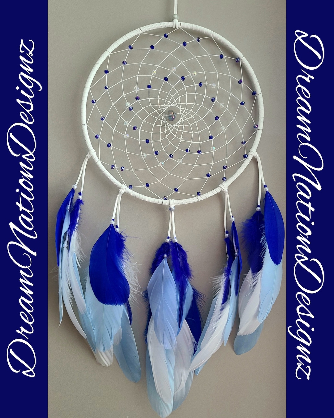Authentic Indigenous Blue Dreamcatcher. Boys White Beaded Nursery Bedroom Decor. Handmade Native ...