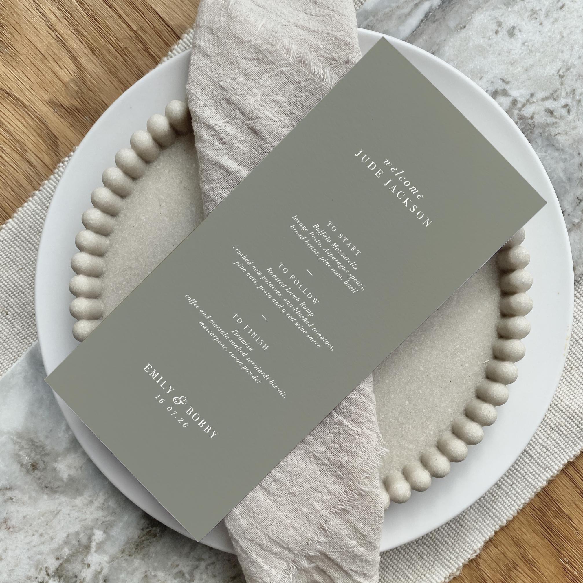 Olive Green Wedding Menu, Placecard, Personalised Menu Card With Guest ...