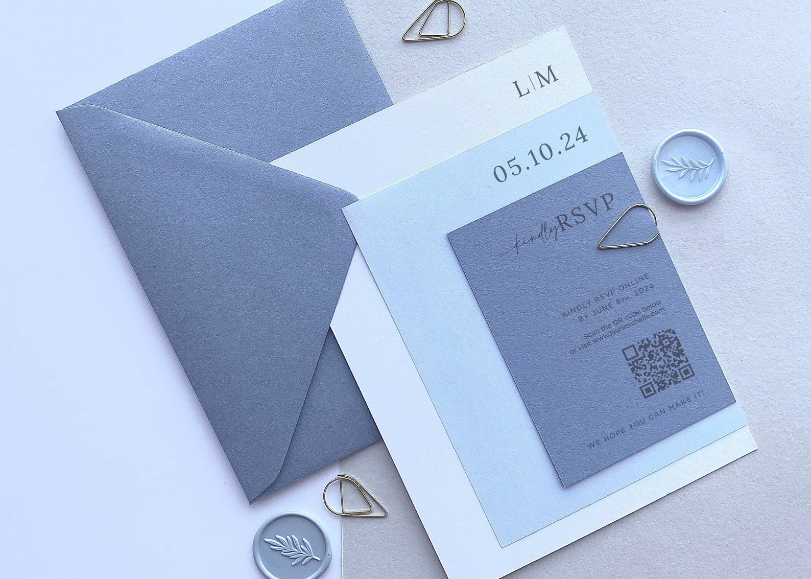 Pale Blue Wedding Invitation, Dusty Blue Wedding Invite With Gold Clip ...