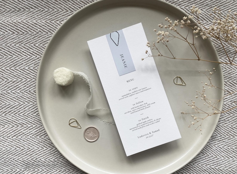 Pastel Blue Wedding Menu With Name Card and Silver Clip - Etsy UK