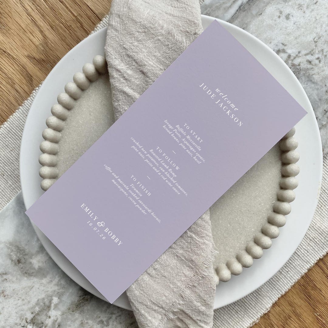 Lilac Wedding Menu, Purple Place Card, Personalised Menu Card With ...