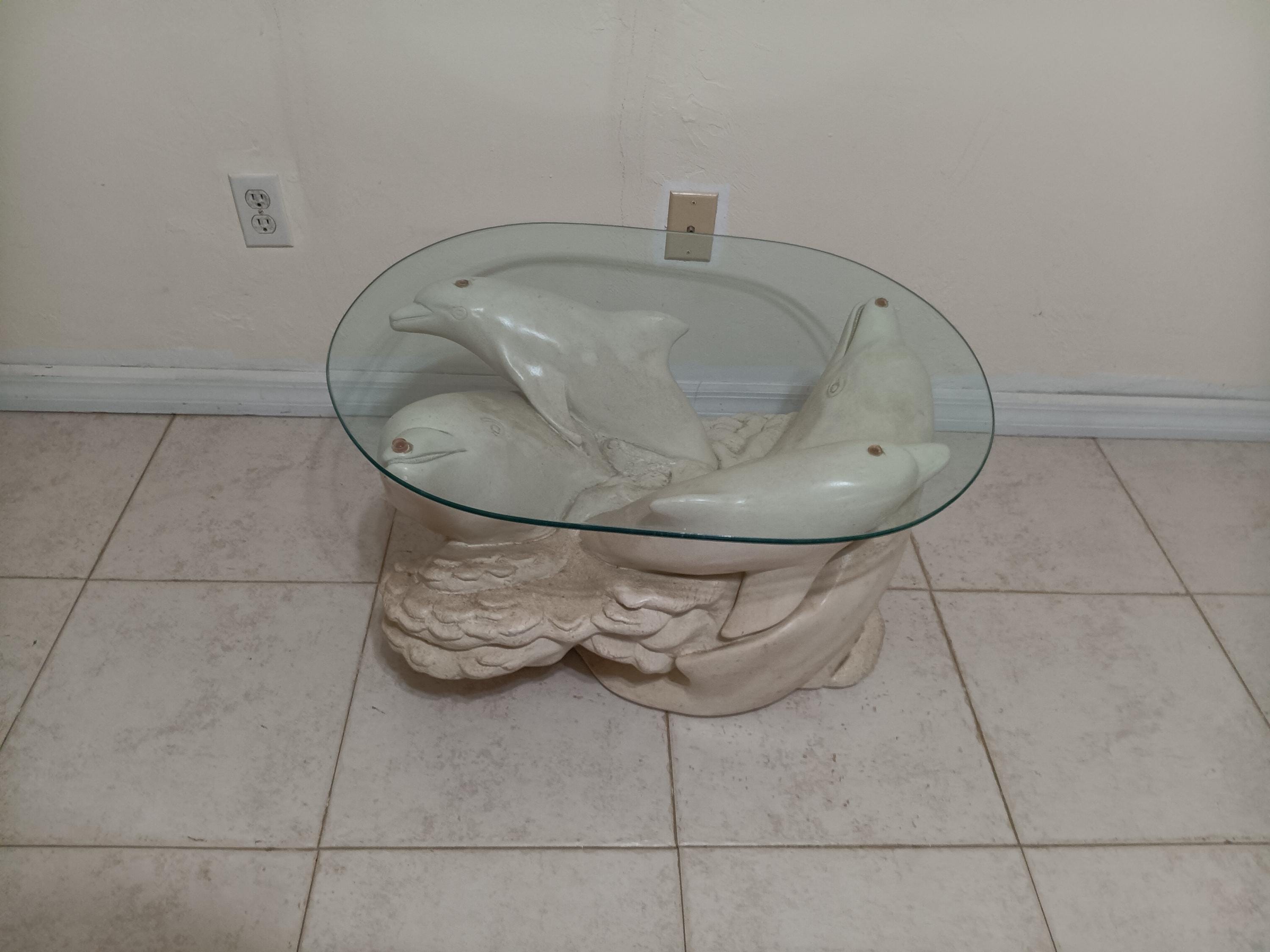 Vintage Mid Century Plaster Swimming Dolphin Coffee Table Base Glass ...