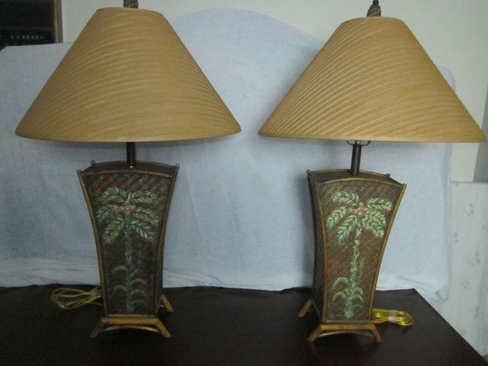 Tommy Bahama Style Rattan Table Lamp Palm Tree Hand Painted With Shade ...