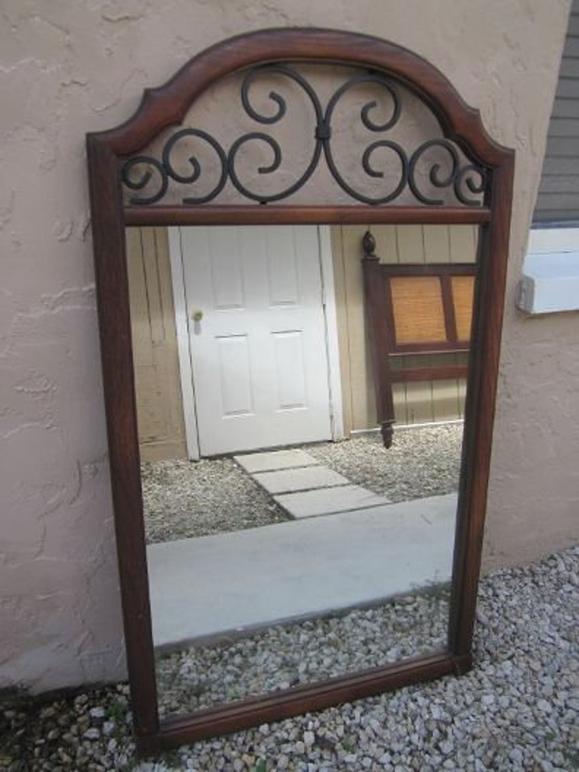 Vintage Wood Frame Scroll Design Wrought Iron Mirror Wall Hanging Decor ...