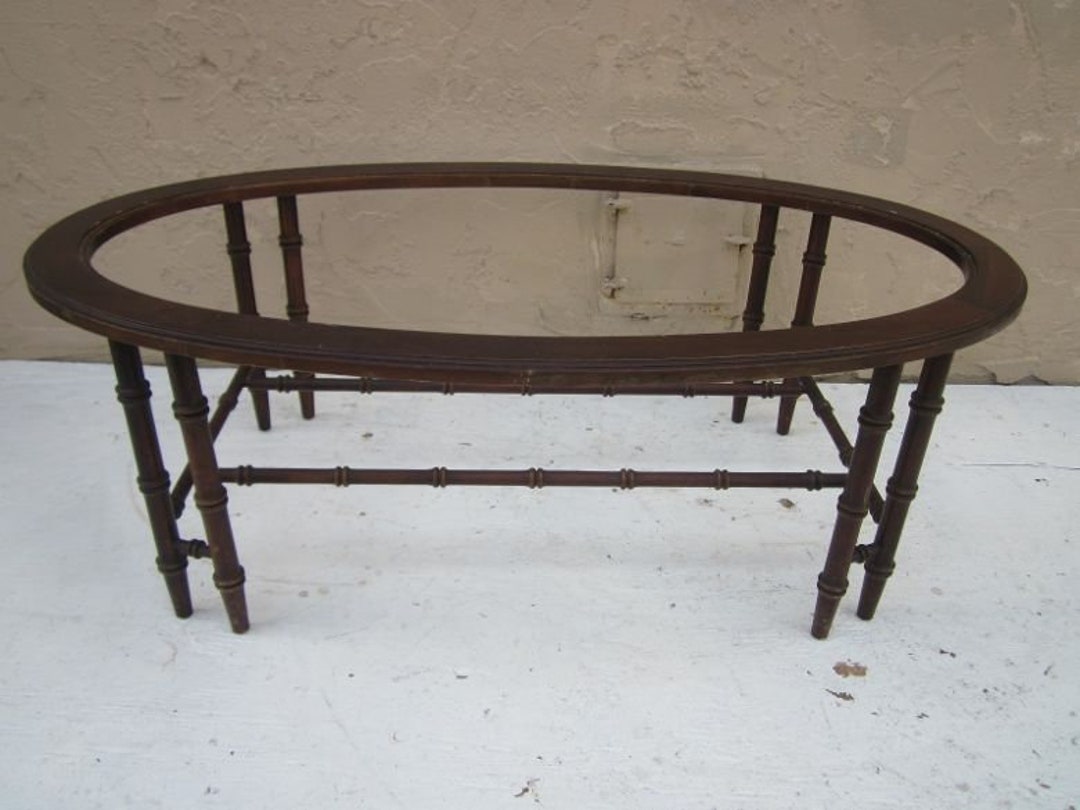 Wood Faux Bamboo Oval Coffee Table Hollywood Regency Style No Glass Top ...