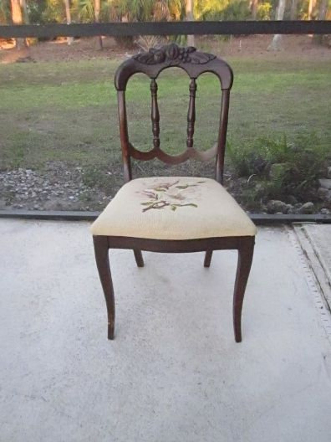 Antique 1940's Wood Hand Carved Chair Fabric Upholstered Seat Shipping ...