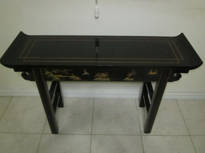 Oriental Entry Foyer Table Black Gold Lacquer Hand Painted Asian Houses ...
