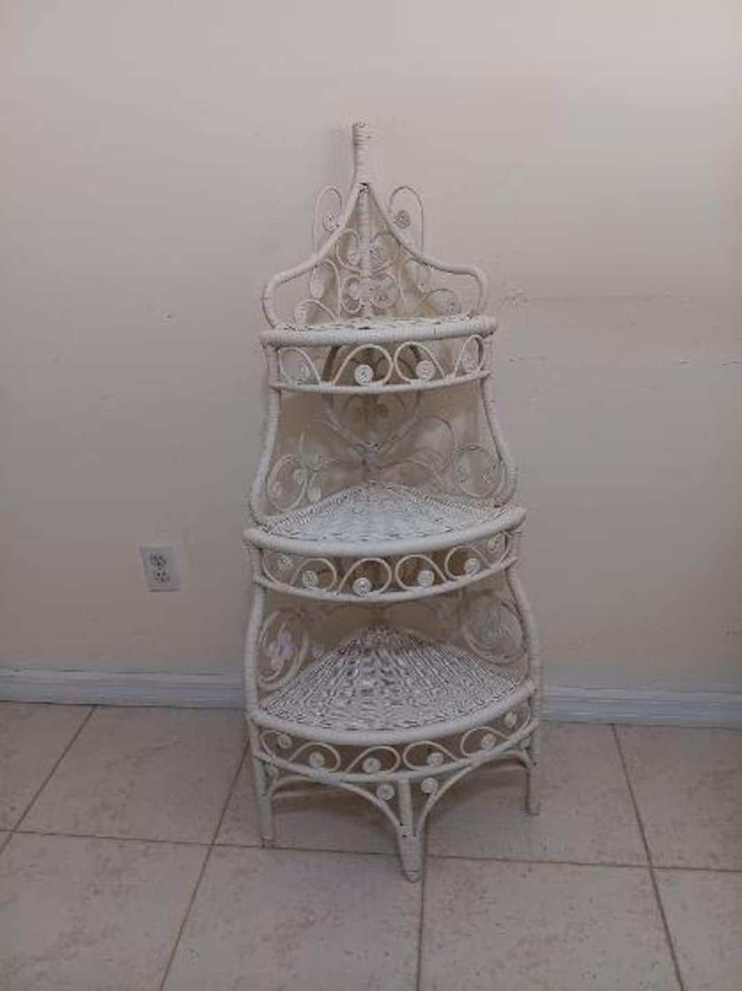 Antique From 1960s White Wicker Rattan Corner Shelf 3 Tier - Etsy