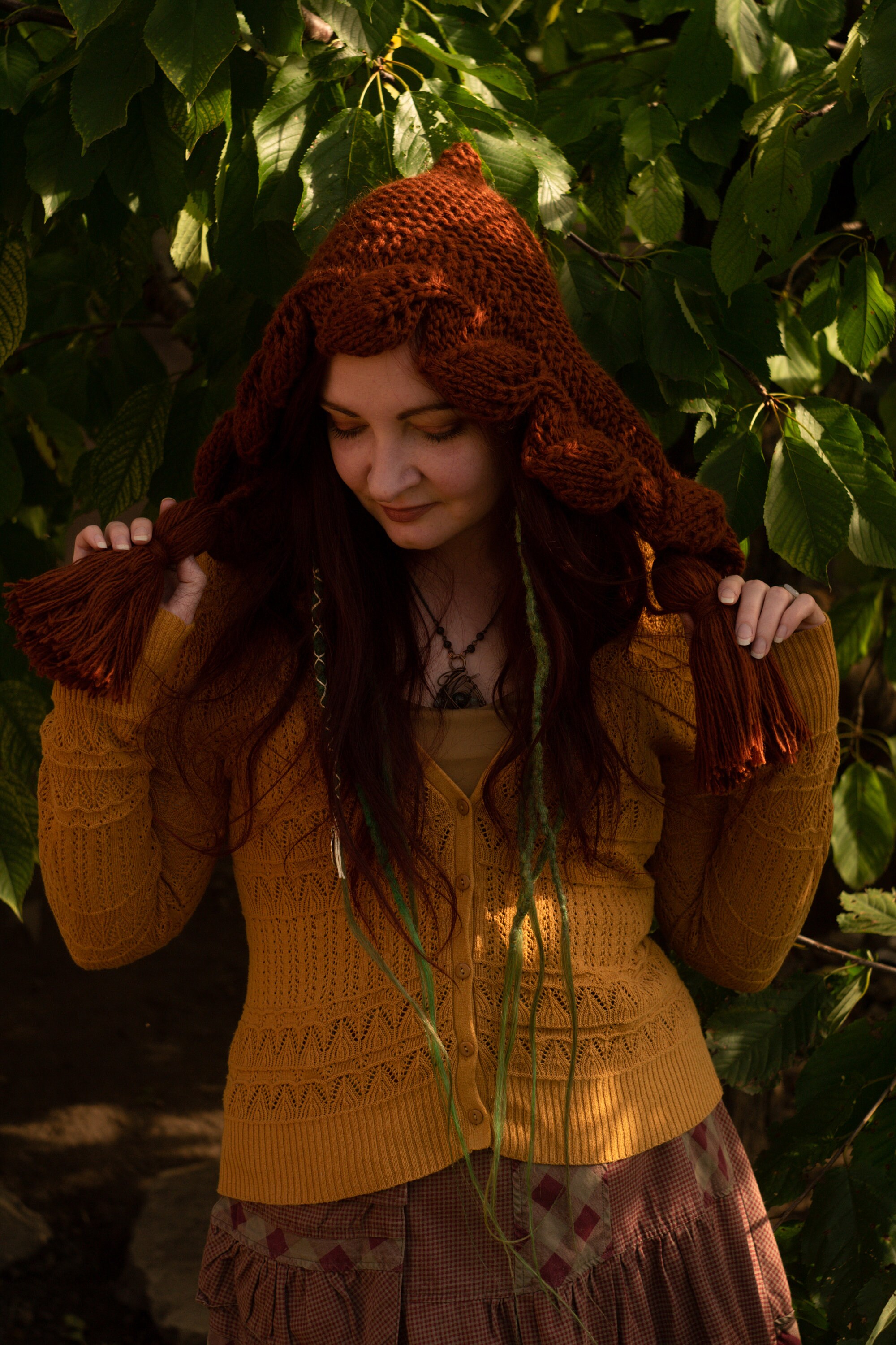Knitted Pixie Leafy Forest Hood. Elven Cap With Tassels. Medieval ...