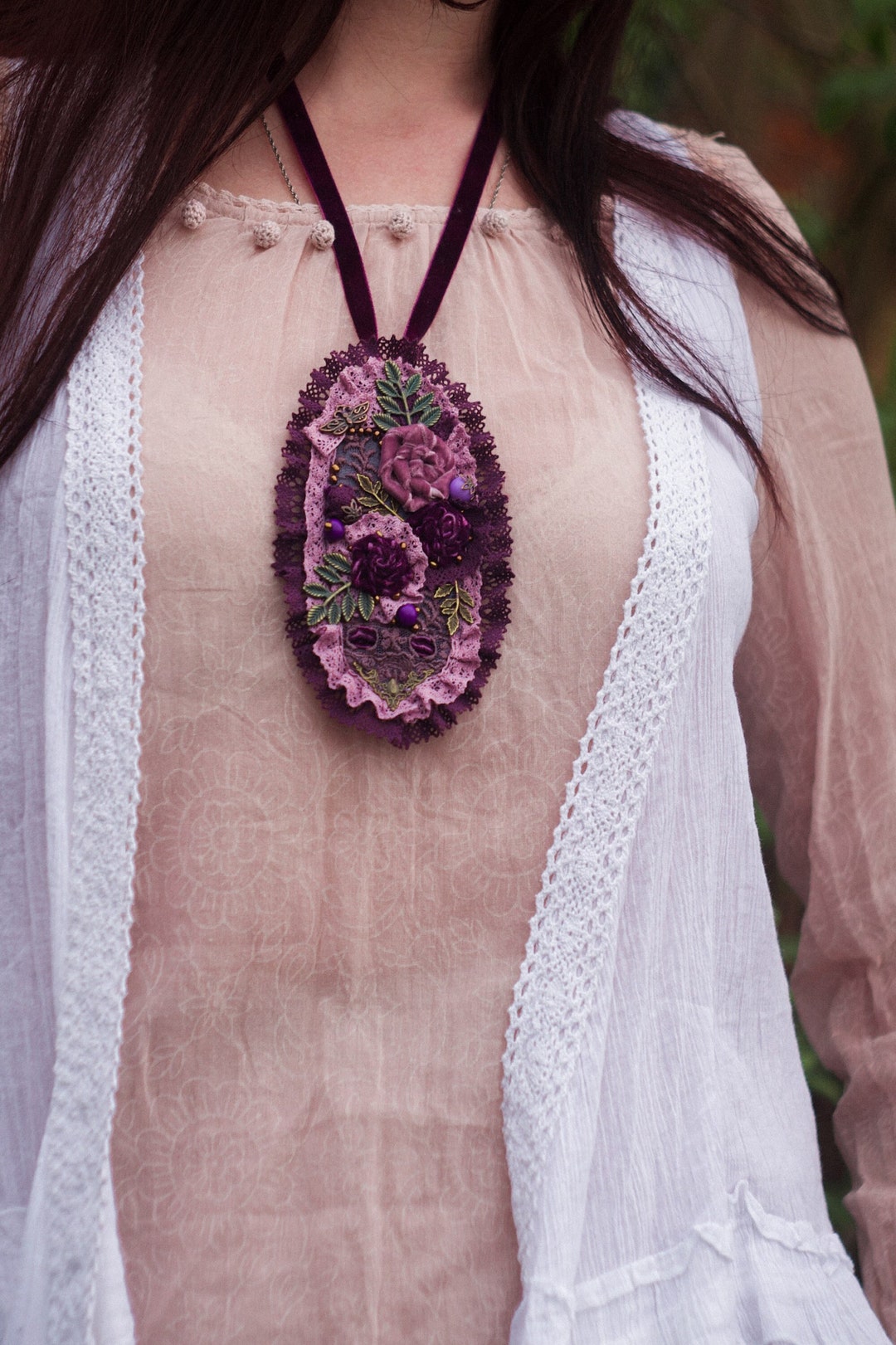 Bohemian Fabric Unique Pendant/brooch With Lace. Vintage Textiles ...