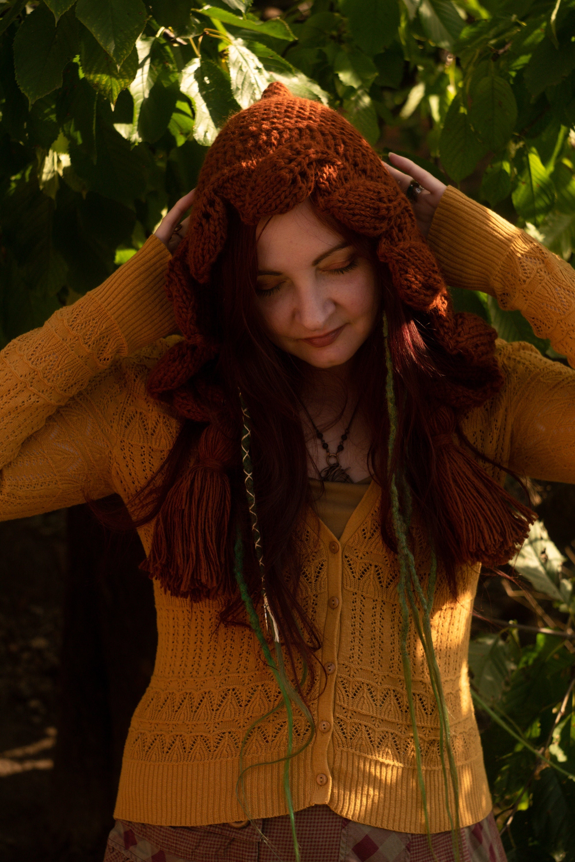 Knitted Pixie Leafy Forest Hood. Elven Cap With Tassels. Medieval ...