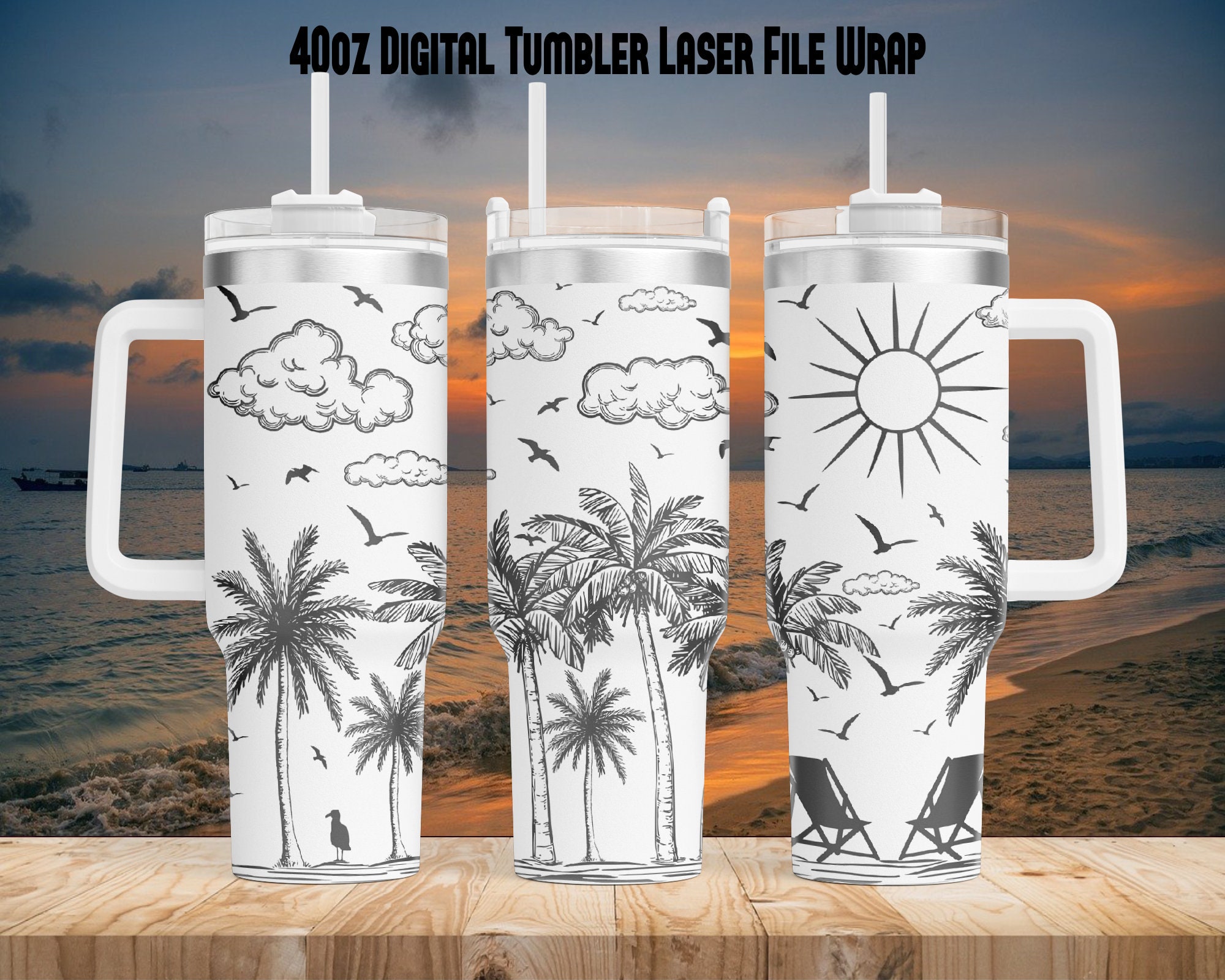 Beach Scene Laser Engraved Full Wrap Deign for 40oz Tumbler, Beach SVG ...