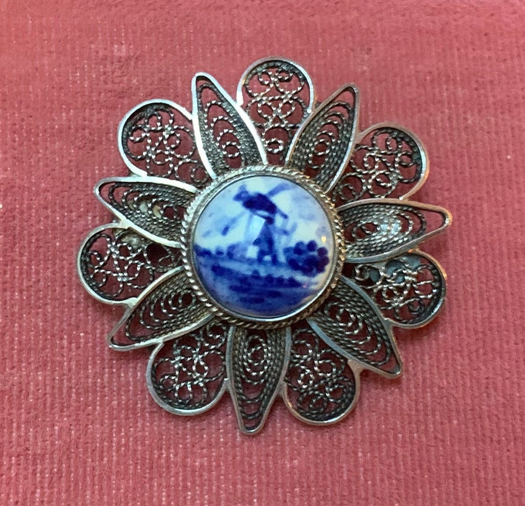 Early Vintage Sterling Silver Hand Painted Delft Windmill Brooch Early ...
