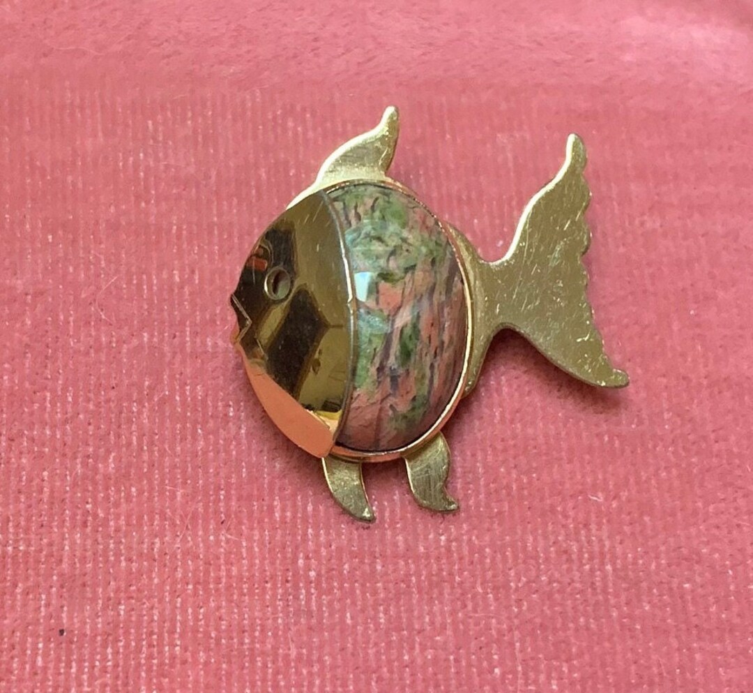 Vintage 12k Gold Filled Carved Unakite Scarab Fish Brooch Signed WRE ...