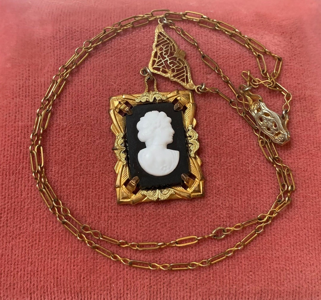 Early Vintage Art Deco Filagree Glass Cameo Necklace 1930s Gold Over ...