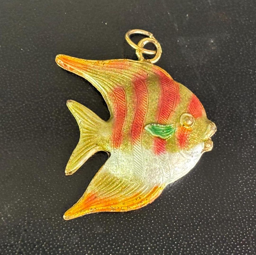 Vintage Cloisonne Enamel Angel Fish Pendant Puffy Fish Orange and Green ...