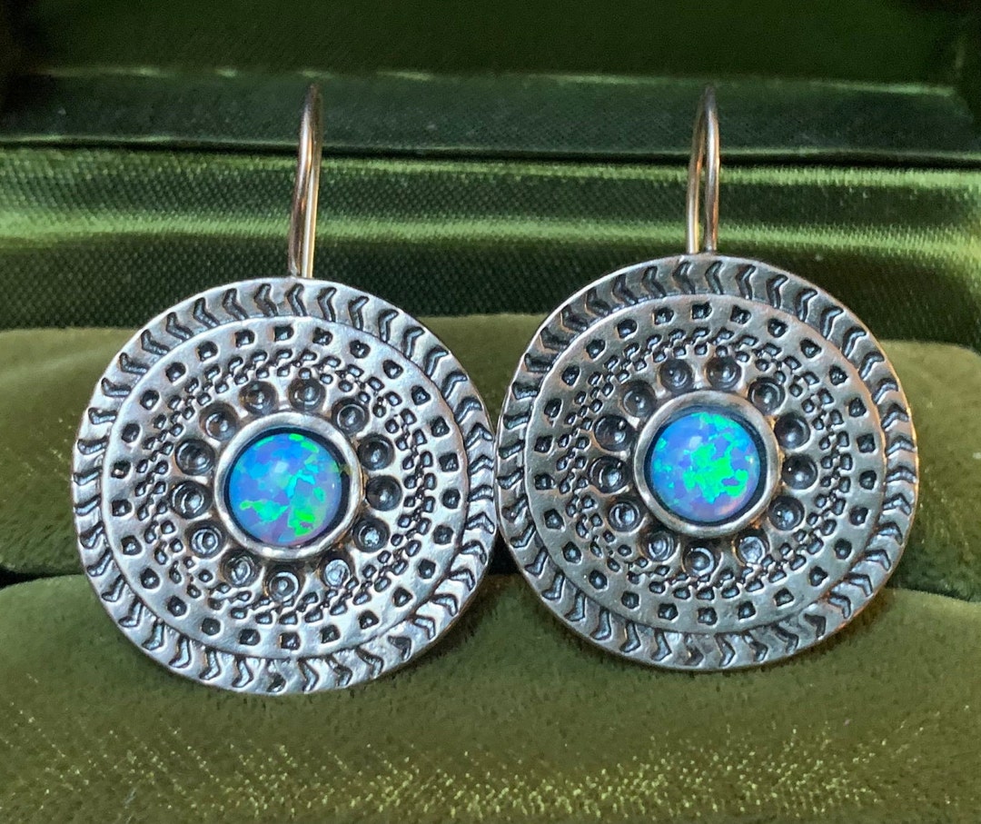 Vintage Sterling Silver and Opal Disk Earrings Pierce Drop Fire Opal ...