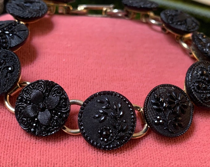 Vintage Antique French Jet Button Bracelet Floral Design Gold Toned ...