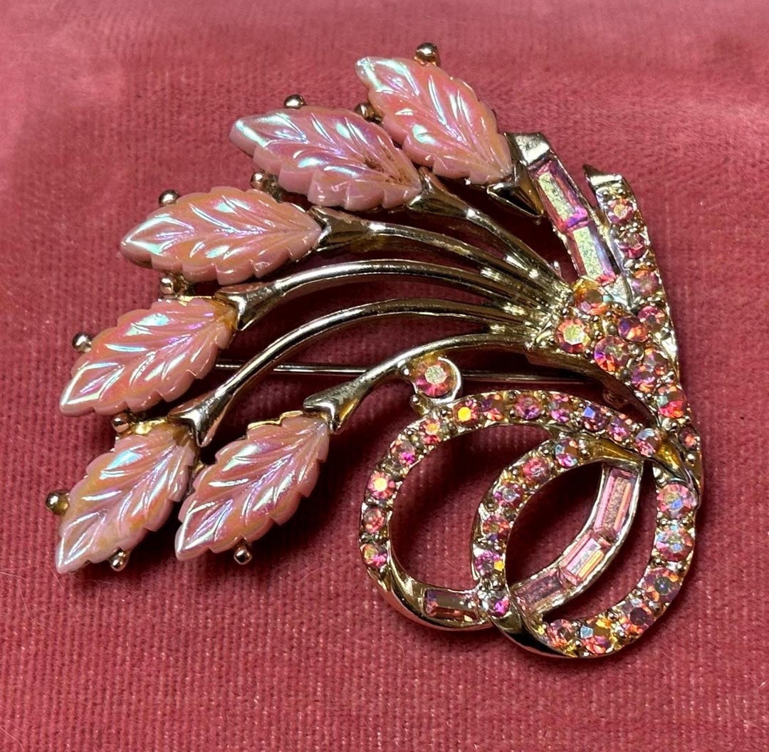Vintage Signed Pell Iridescent Pink Swirl and Leaf Brooch and Clip on ...
