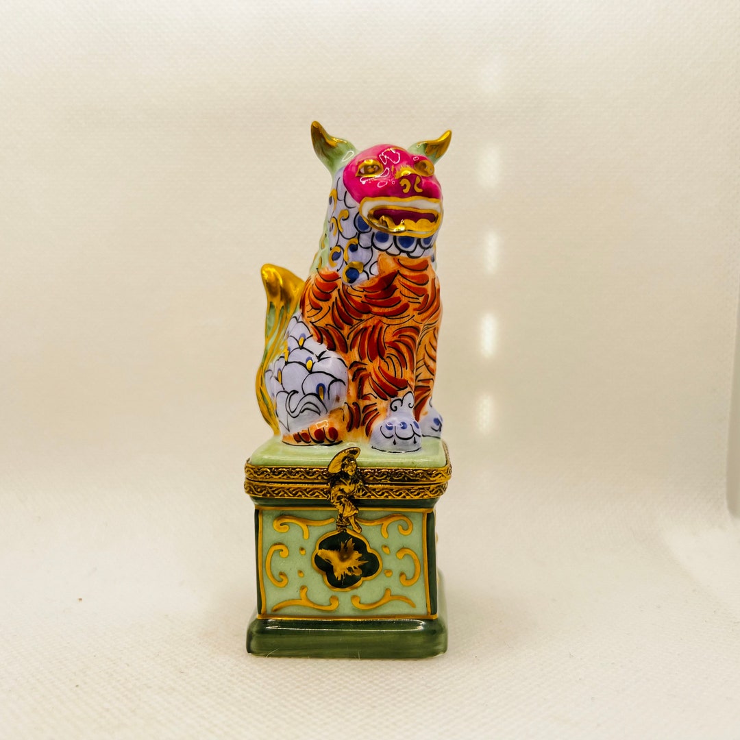 Chinese Guardian LION Foo Dog ROCHARD Limoges Trinket Box Rochard Peint ...