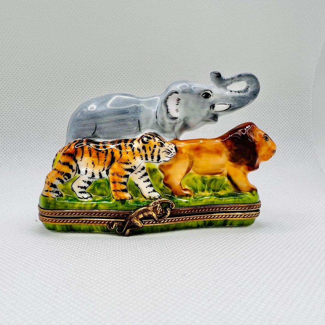 Elephant, Lion, Tiger Limoges Trinket Box French Accents Peint Main ...