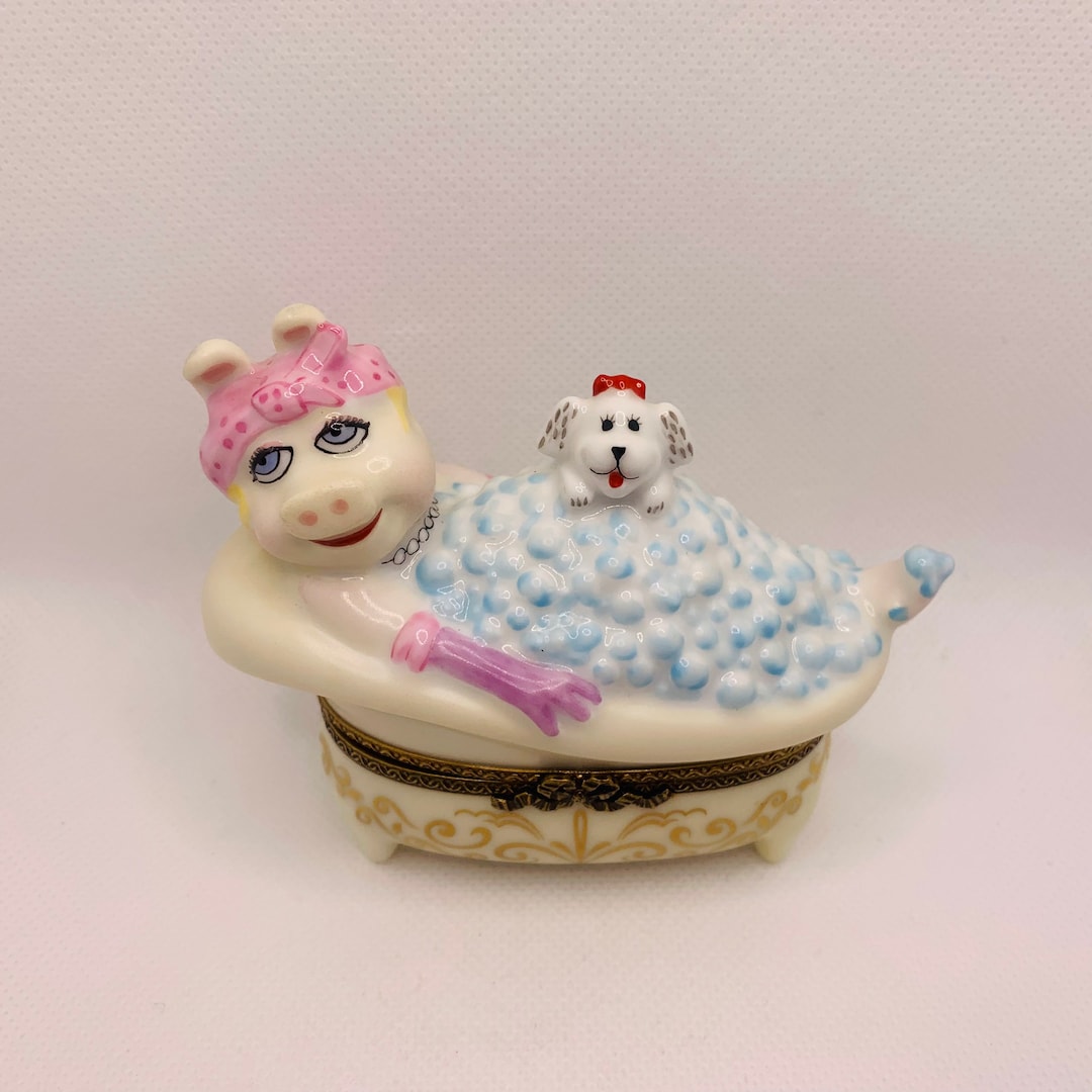 MUPPETS MISS PIGGY in Bubble Bath W/ Foo-foo Dog ~ Limoges Trinket Box ...