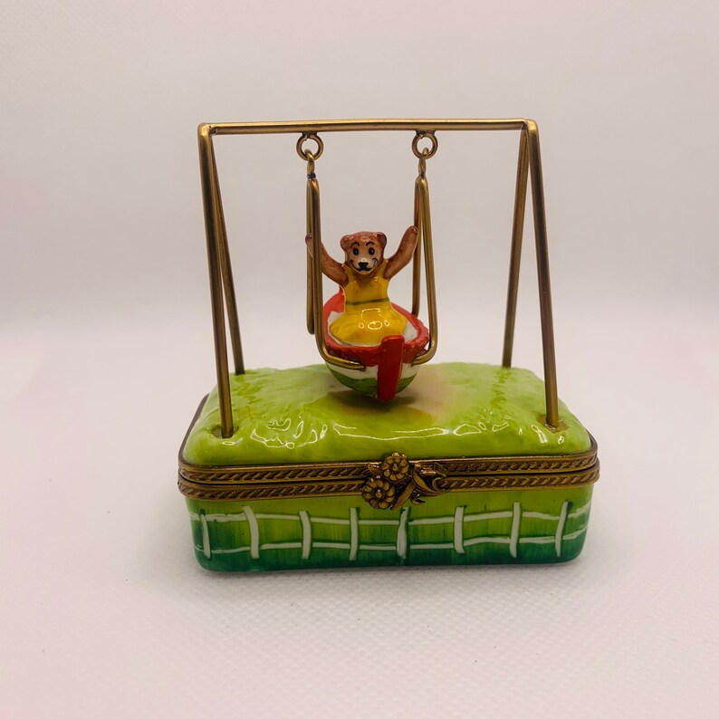 Rare TEDDY BEAR Girl on Swing Limoges Trinket Box Parry | Etsy