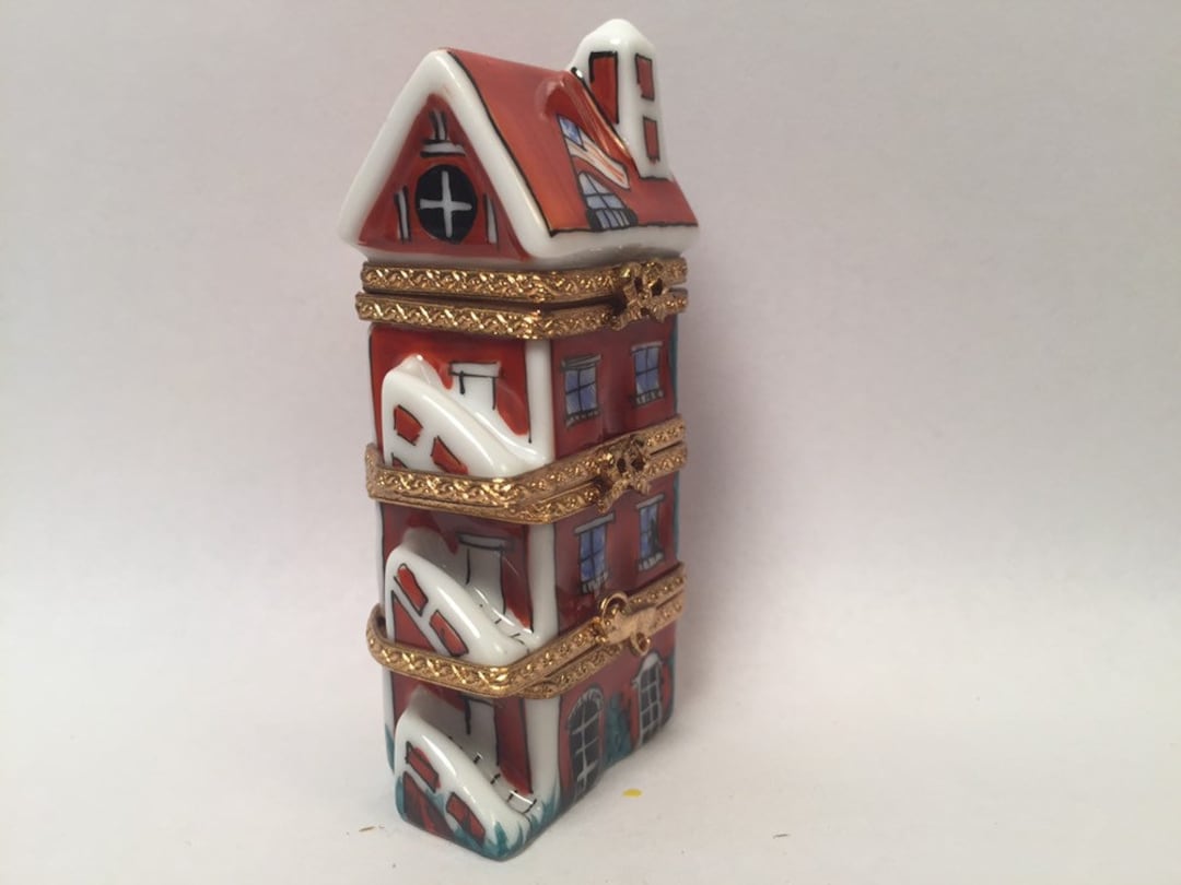 ADORABLE 3-hinged Red Brick House ~ Limoges Trinket Box ~ Peint Main ...