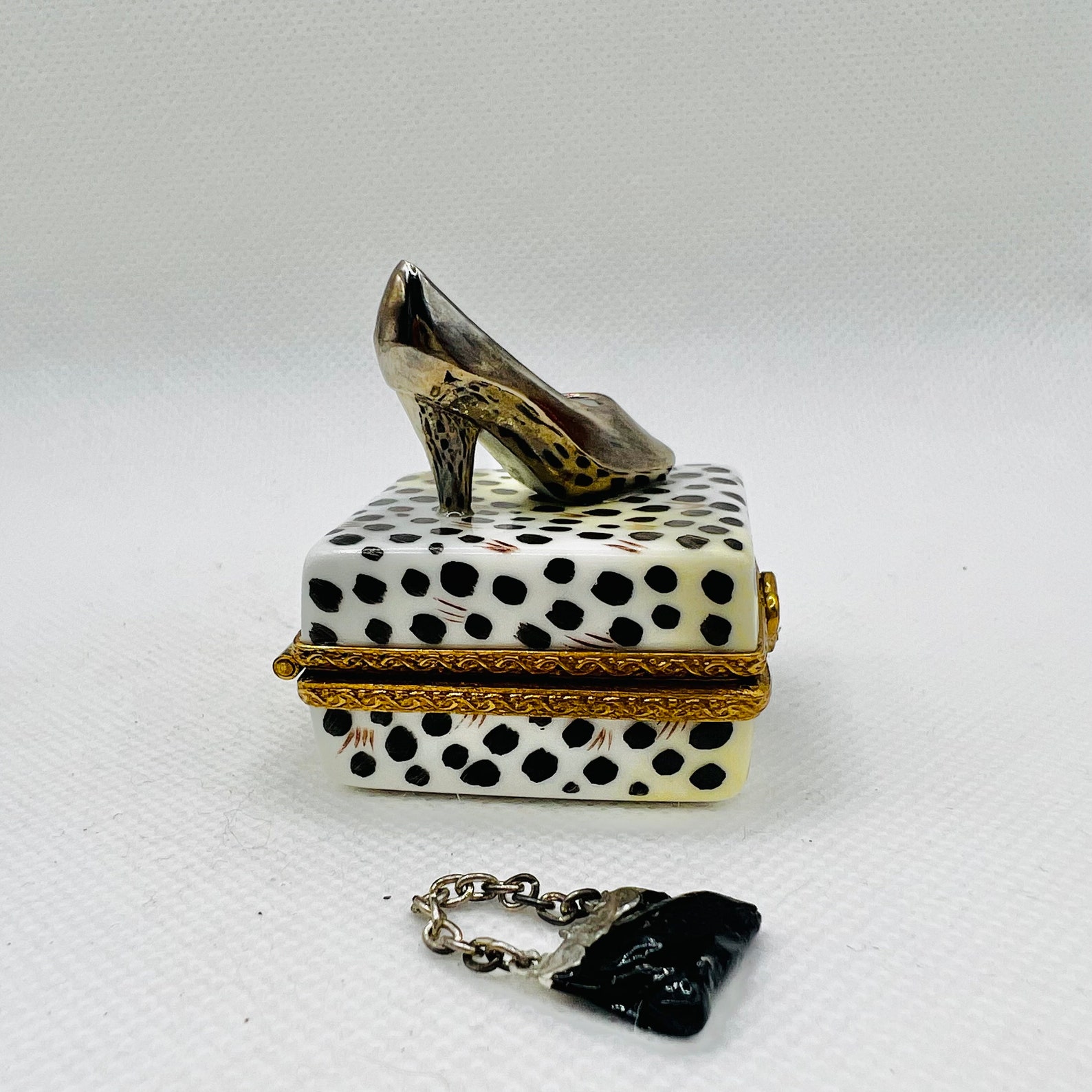Silver Shoe on Shoe Box W/ Little Black Purse ~ Limoges Trinket Box ...